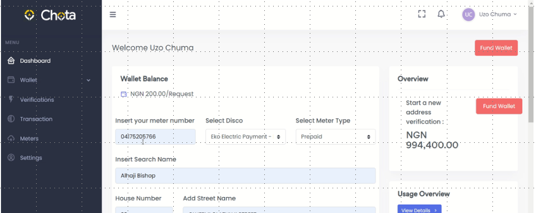 CHOTA Platform Interface showing dashboard with address verification features